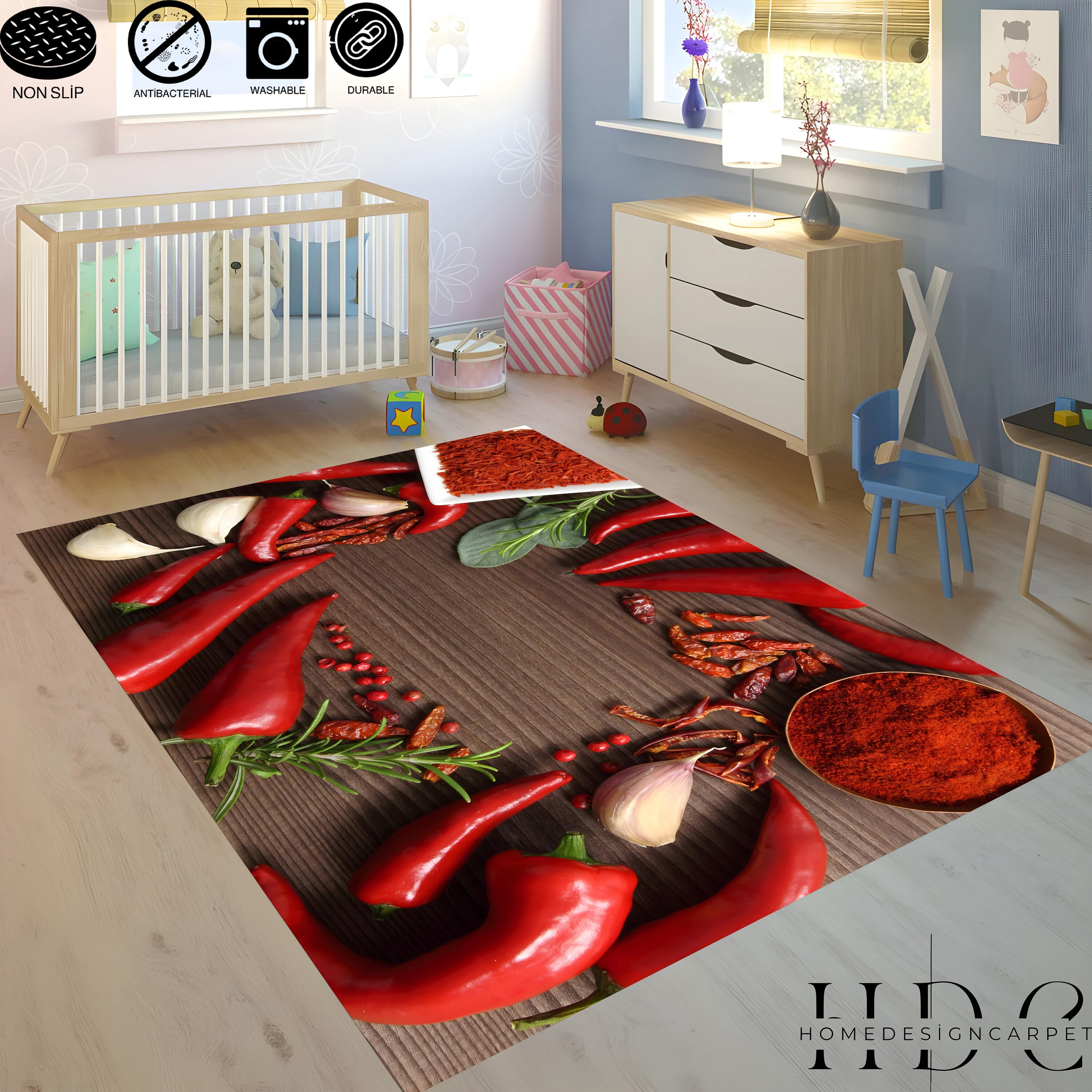 Red Pepper Kitchen Decor Mat / Washable Kitchen Rug / Non-slip Kitchen ...