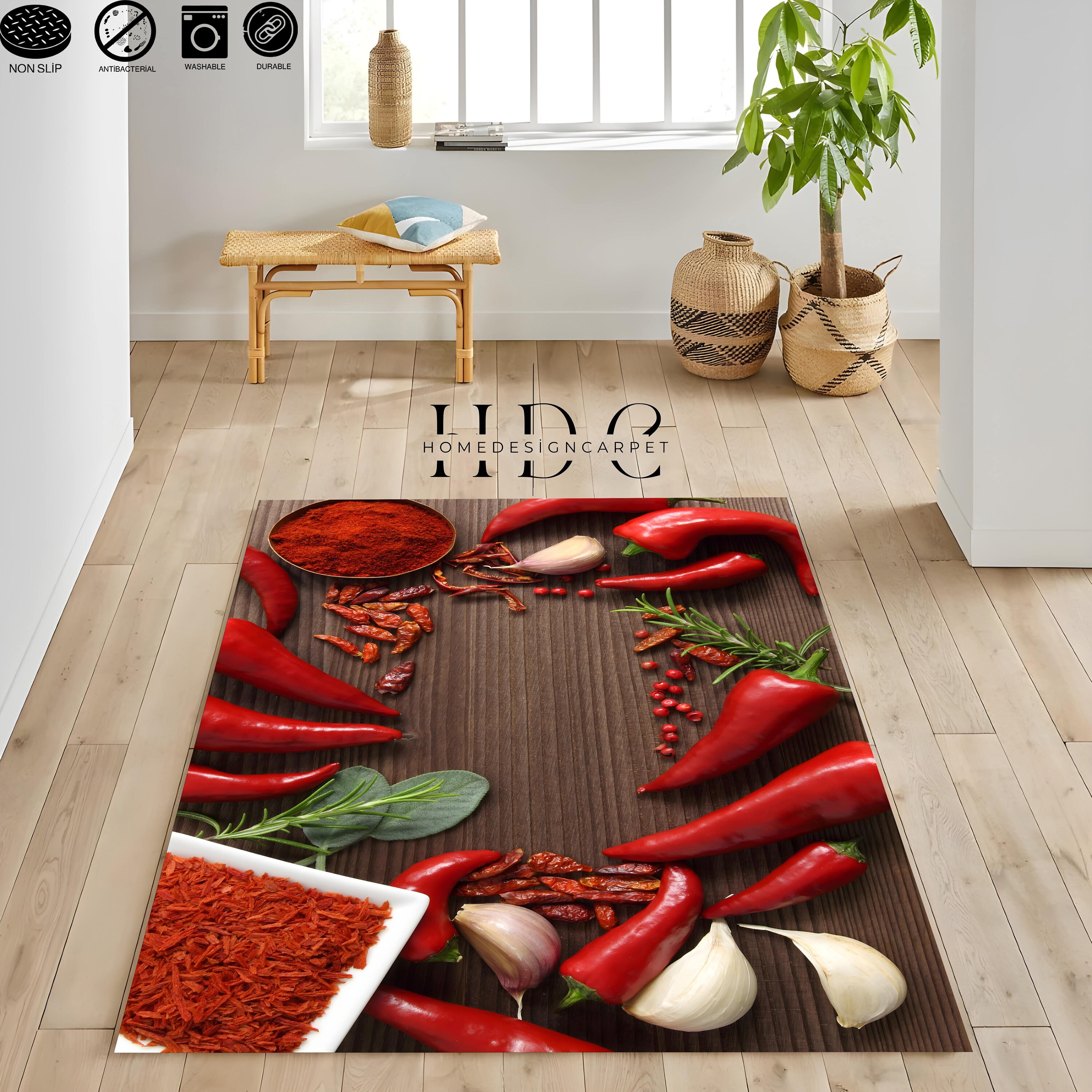 Red Pepper Kitchen Decor Mat / Washable Kitchen Rug / Non-slip Kitchen ...