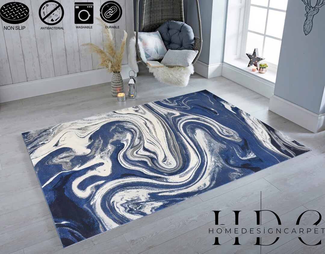 Abstract Blue Rug / Blue Waves Pattern Rug / Non-slip Rug / White Rug ...