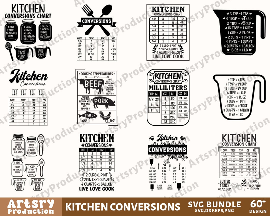Kitchen Conversions Chart Svg Bundle, Conversions Chart Svg, Baking Svg ...