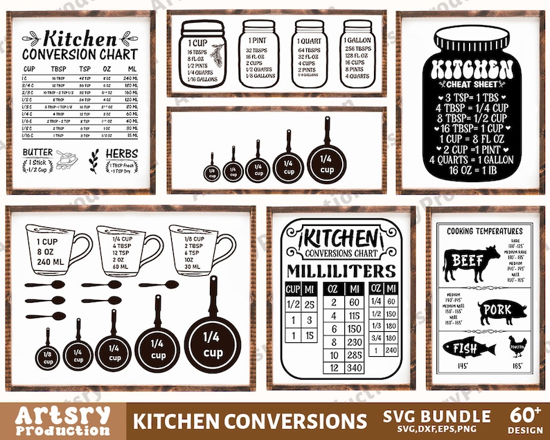 Kitchen Conversions Chart Svg Bundle, Conversions Chart Svg, Baking Svg ...