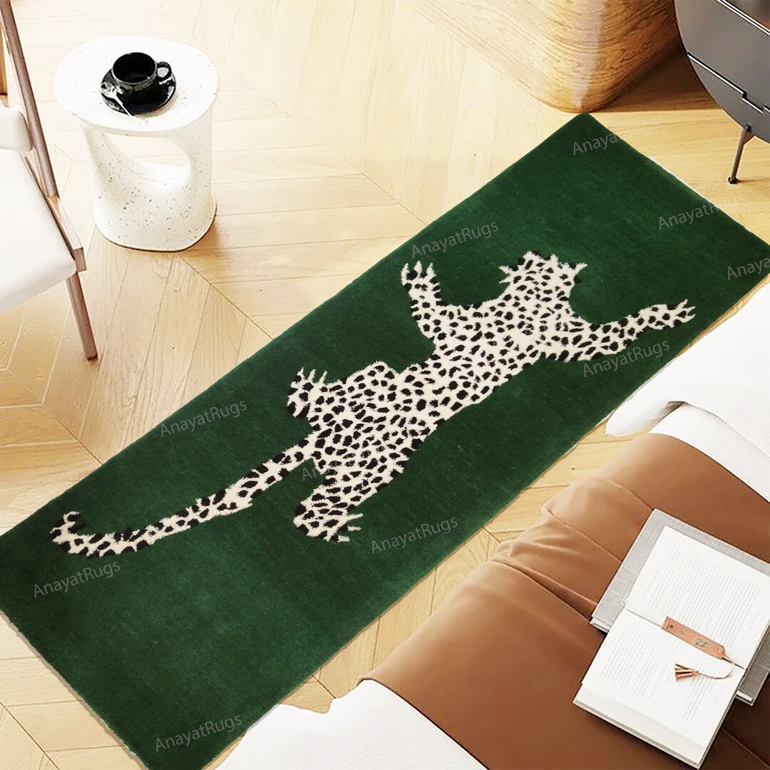 Handmade Leopard Print Runner Rug Green Tufted Rug Custom Size Rug ...