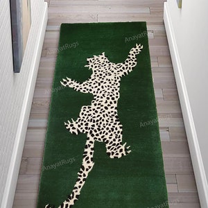 Handmade Leopard Print Runner Rug Green Tufted Rug Custom Size Rug ...