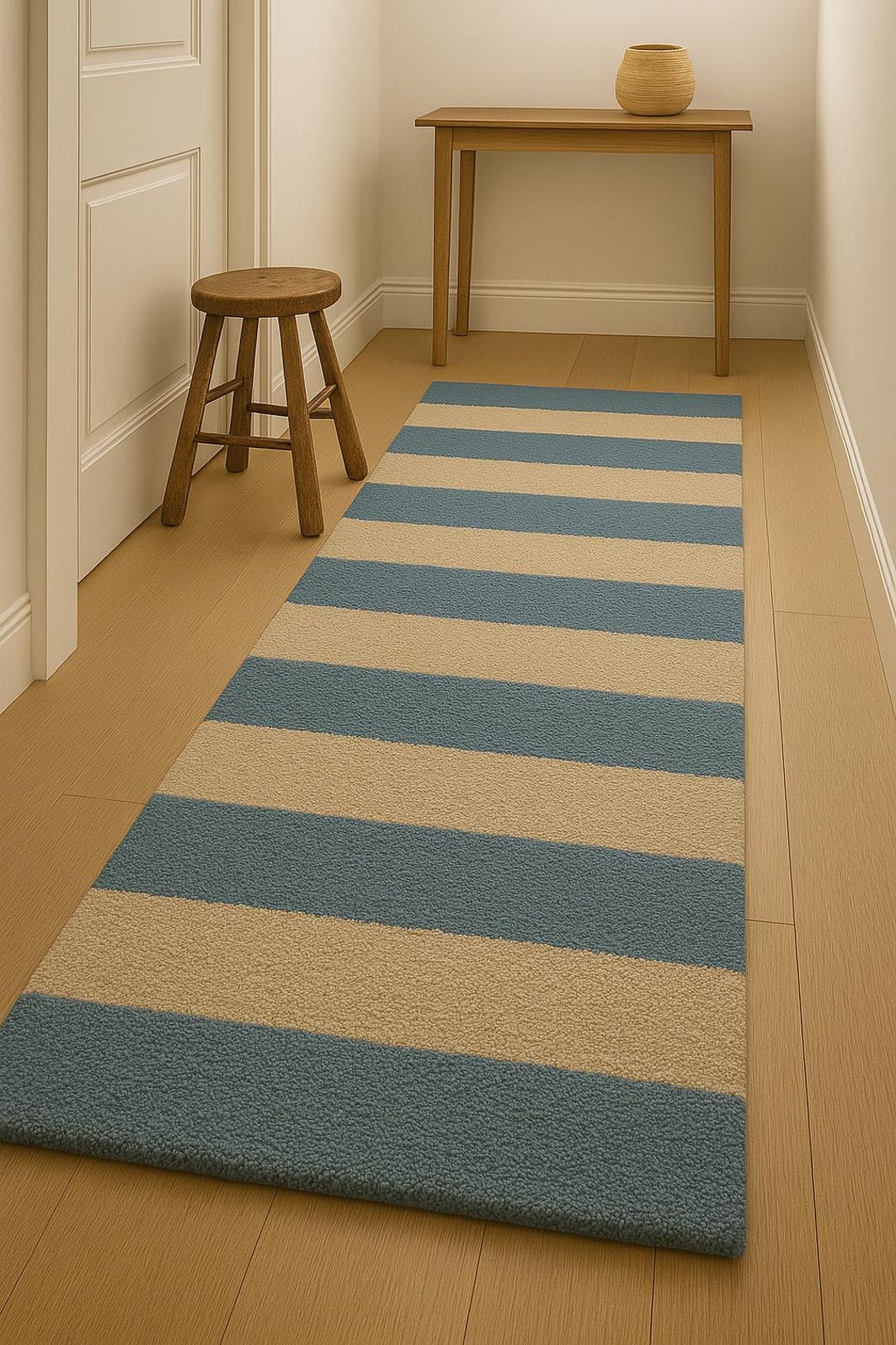 Hand Tufted Wool Runner Rug: Blue Beige Striped Coastal Farmhouse - Etsy