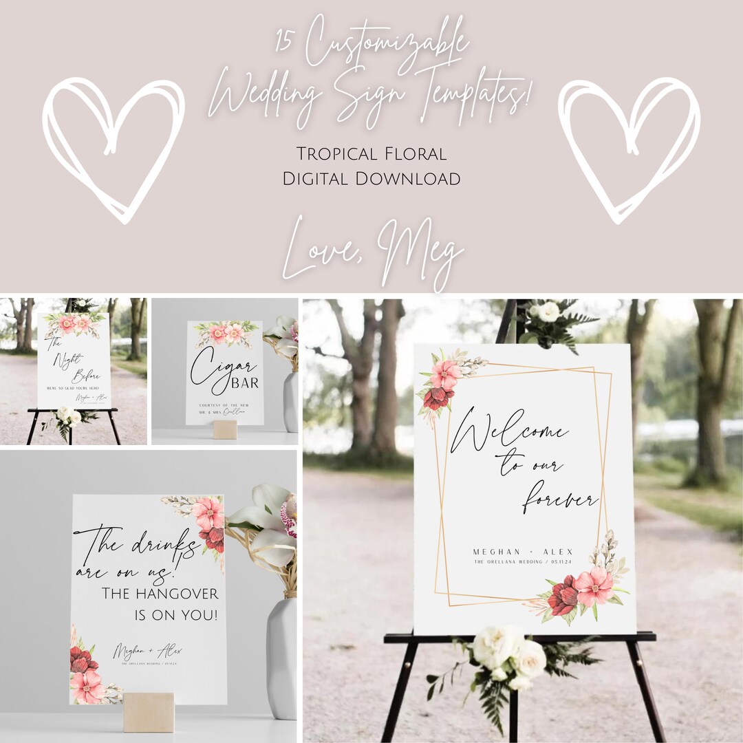 Tropical Floral Wedding Signs Bundle, Editable Digital Download - Etsy