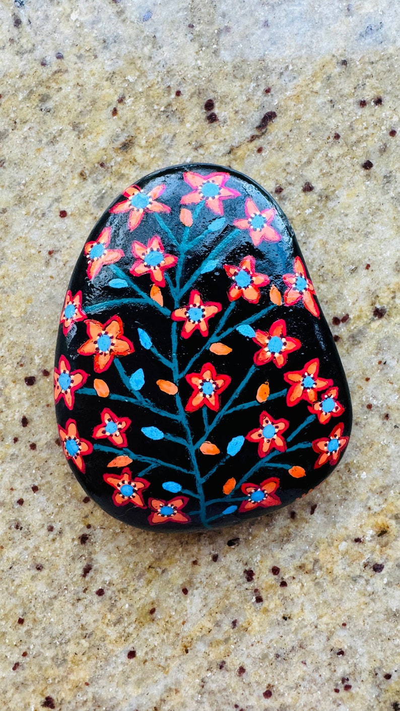 Gorgeous Hand Painted Rock With Orange Flowers, Garden, Gifts, Home ...