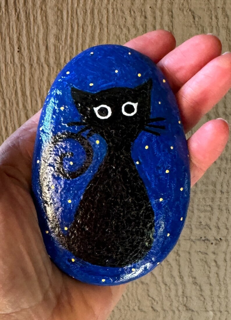 Night Kitty Hand Painted on Rock, Black Cat, in the Stars, Garden ...