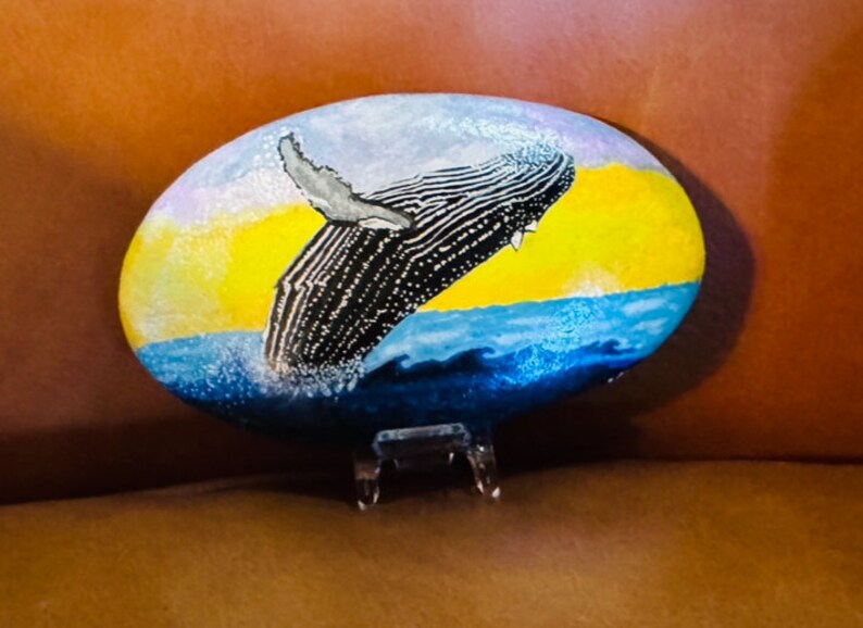 Breaching Whale. Beautiful Sunset Colors Hand Painted on Smooth Rock or ...