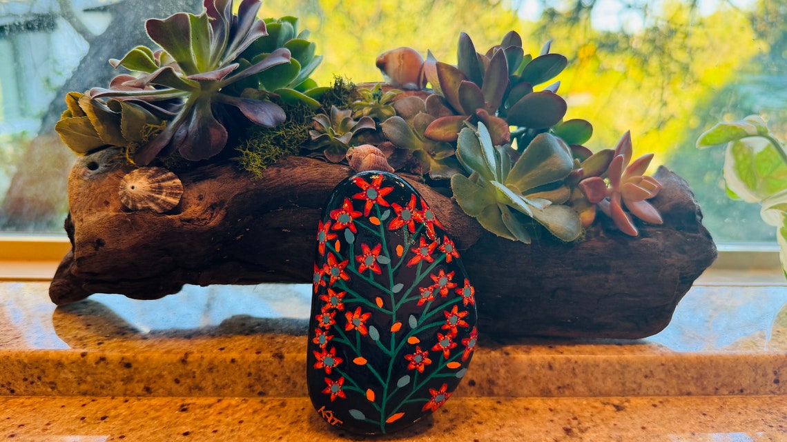 Gorgeous Hand Painted Rock With Orange Flowers, Garden, Gifts, Home ...