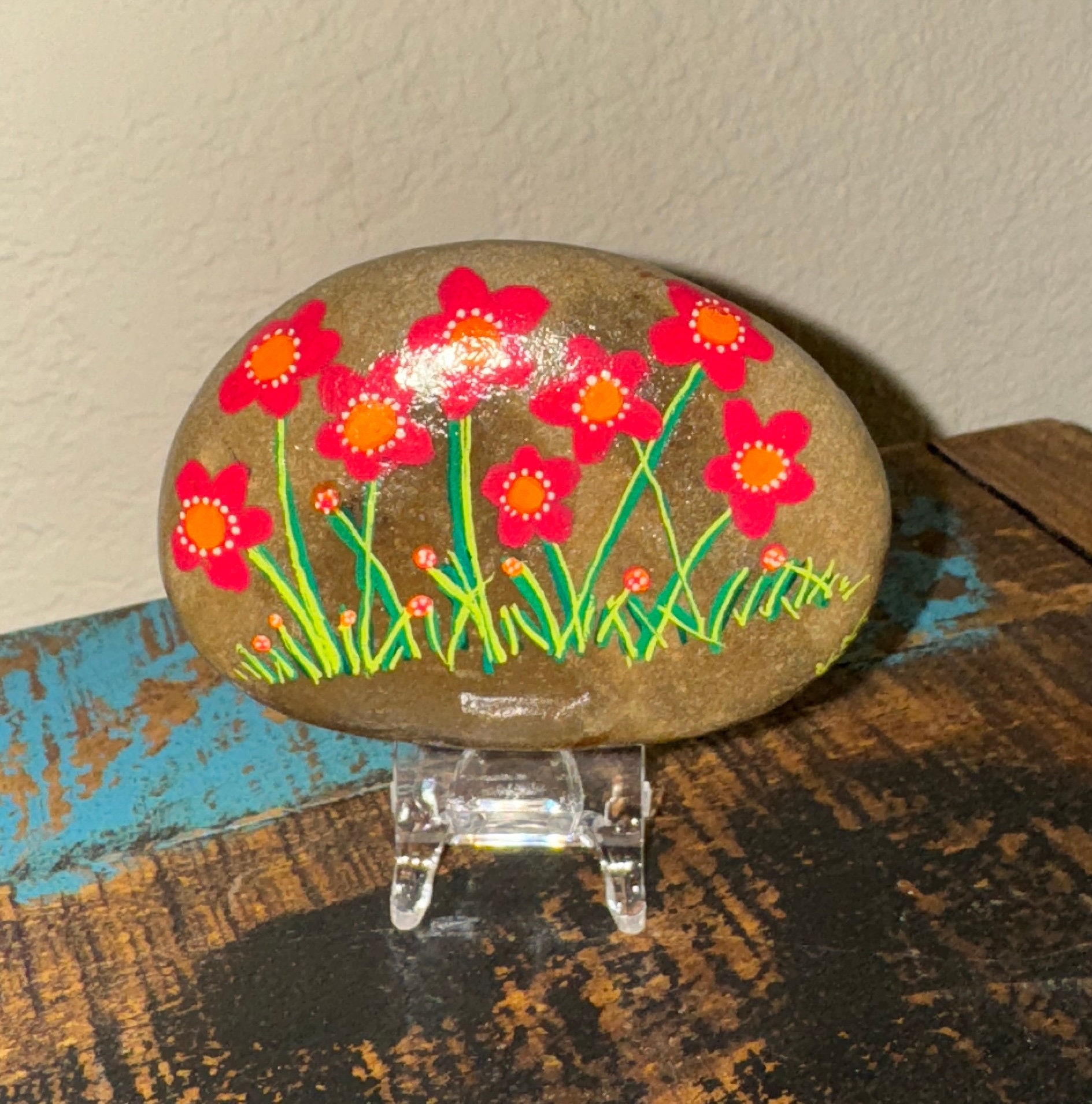 Spring and Fall Flowers Hand-painted on Stone. Maple Leaf on One Side ...