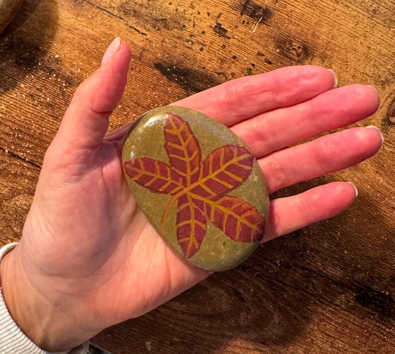 Spring and Fall Flowers Hand-painted on Stone. Maple Leaf on One Side ...