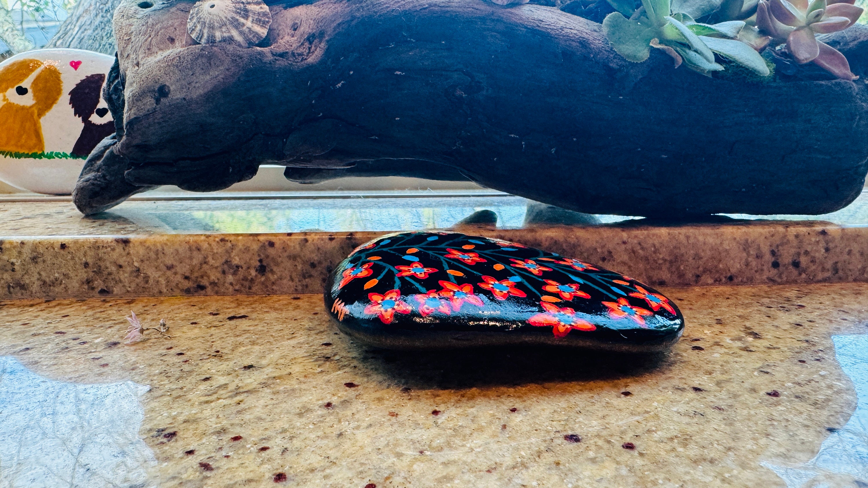 Gorgeous Hand Painted Rock With Orange Flowers, Garden, Gifts, Home ...