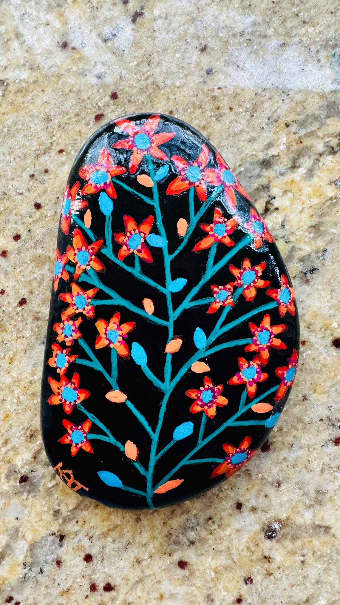 Gorgeous Hand Painted Rock With Orange Flowers, Garden, Gifts, Home ...