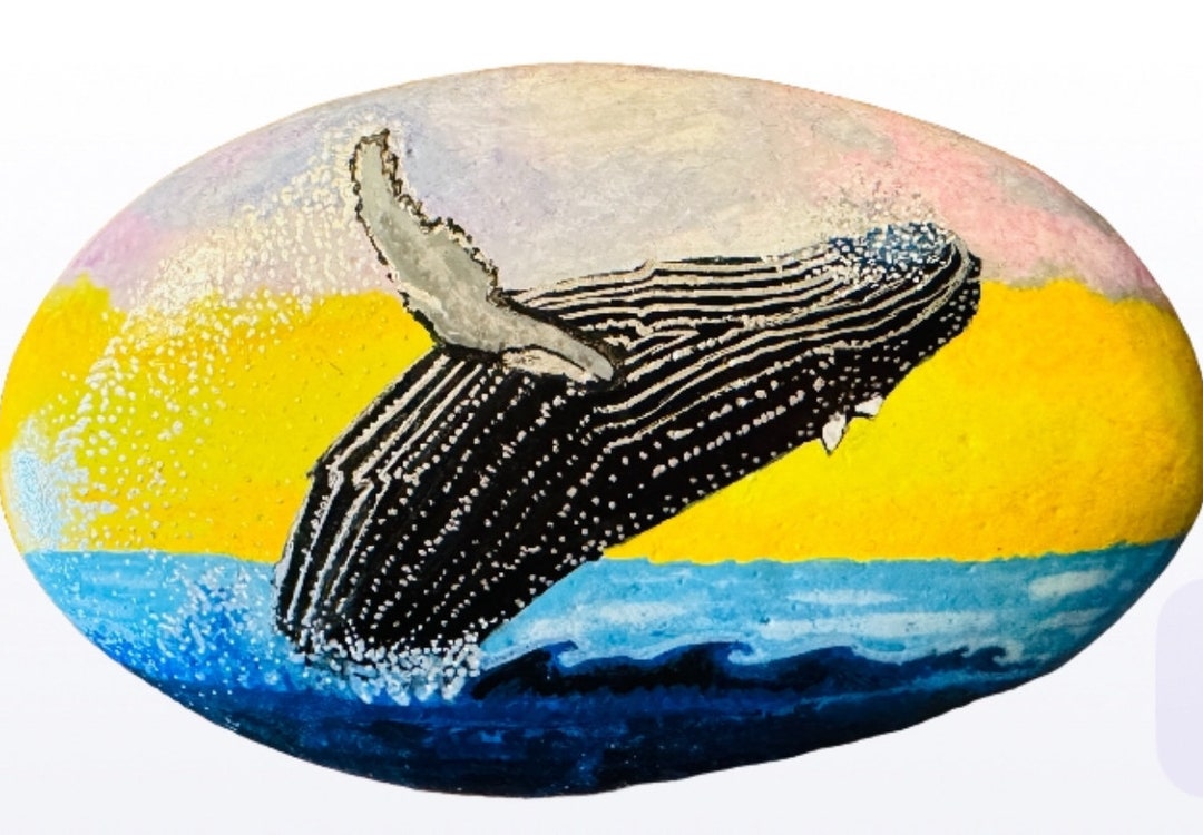 Breaching Whale. Beautiful Sunset Colors Hand Painted on Smooth Rock or ...
