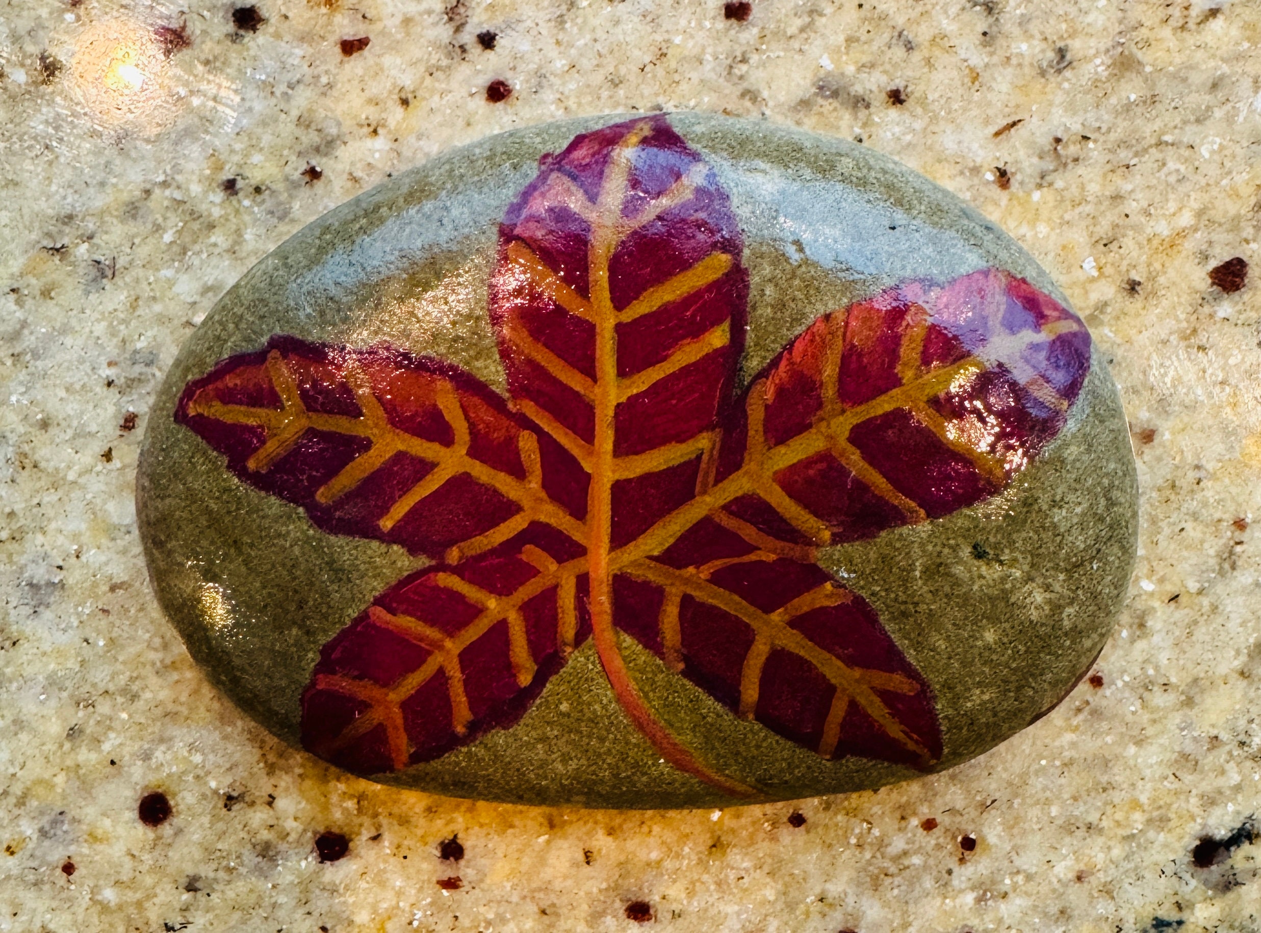 Spring and Fall Flowers Hand-painted on Stone. Maple Leaf on One Side ...