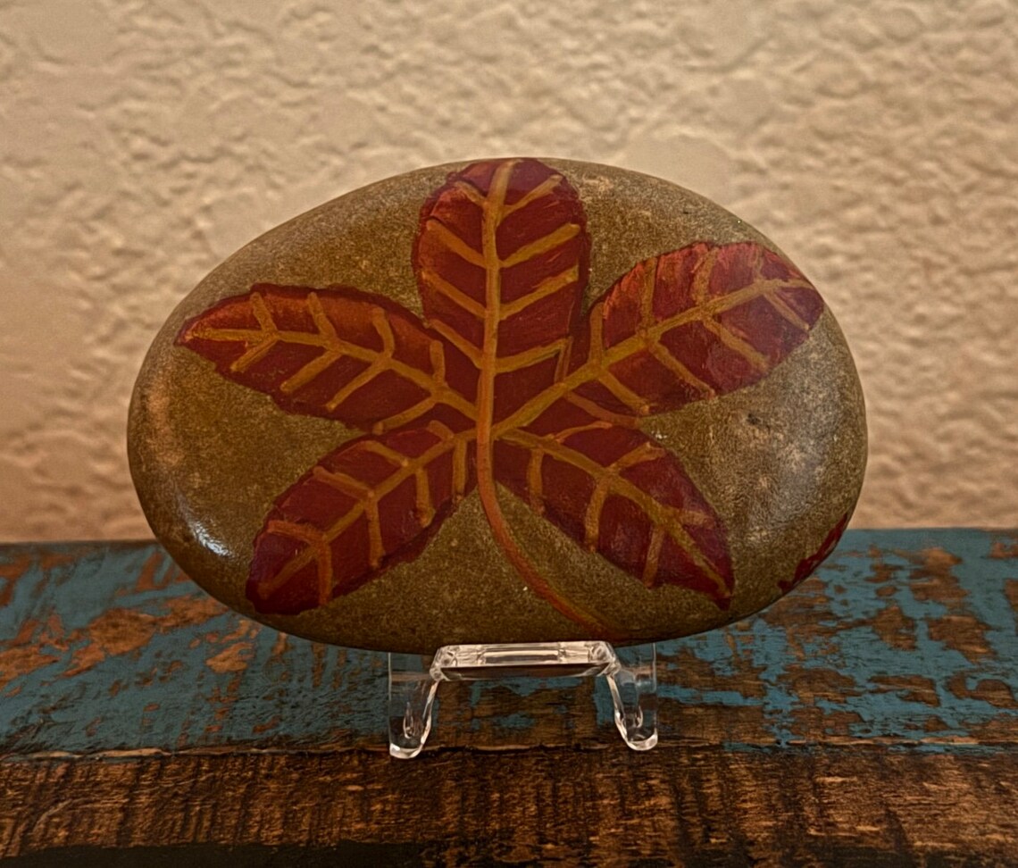 Spring and Fall Flowers Hand-painted on Stone. Maple Leaf on One Side ...