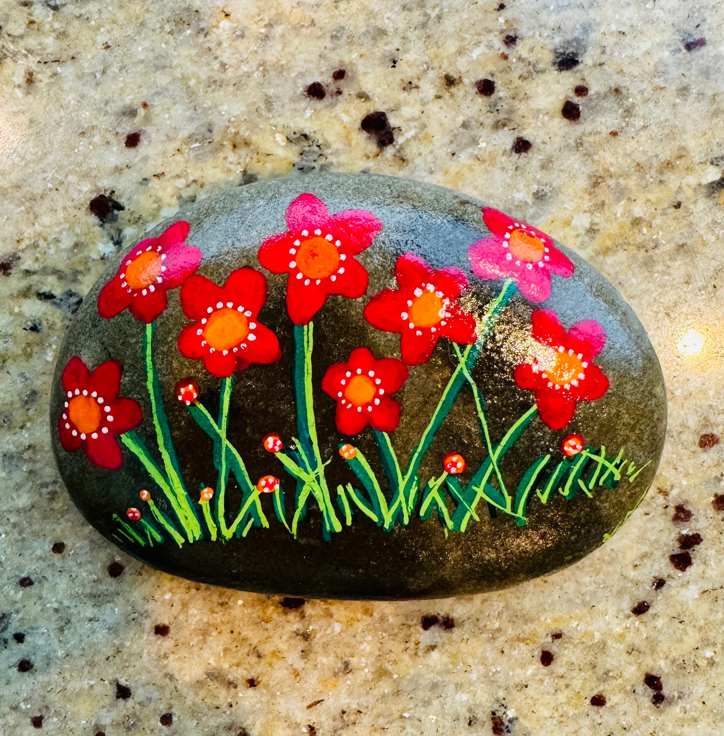 Spring and Fall Flowers Hand-painted on Stone. Maple Leaf on One Side ...