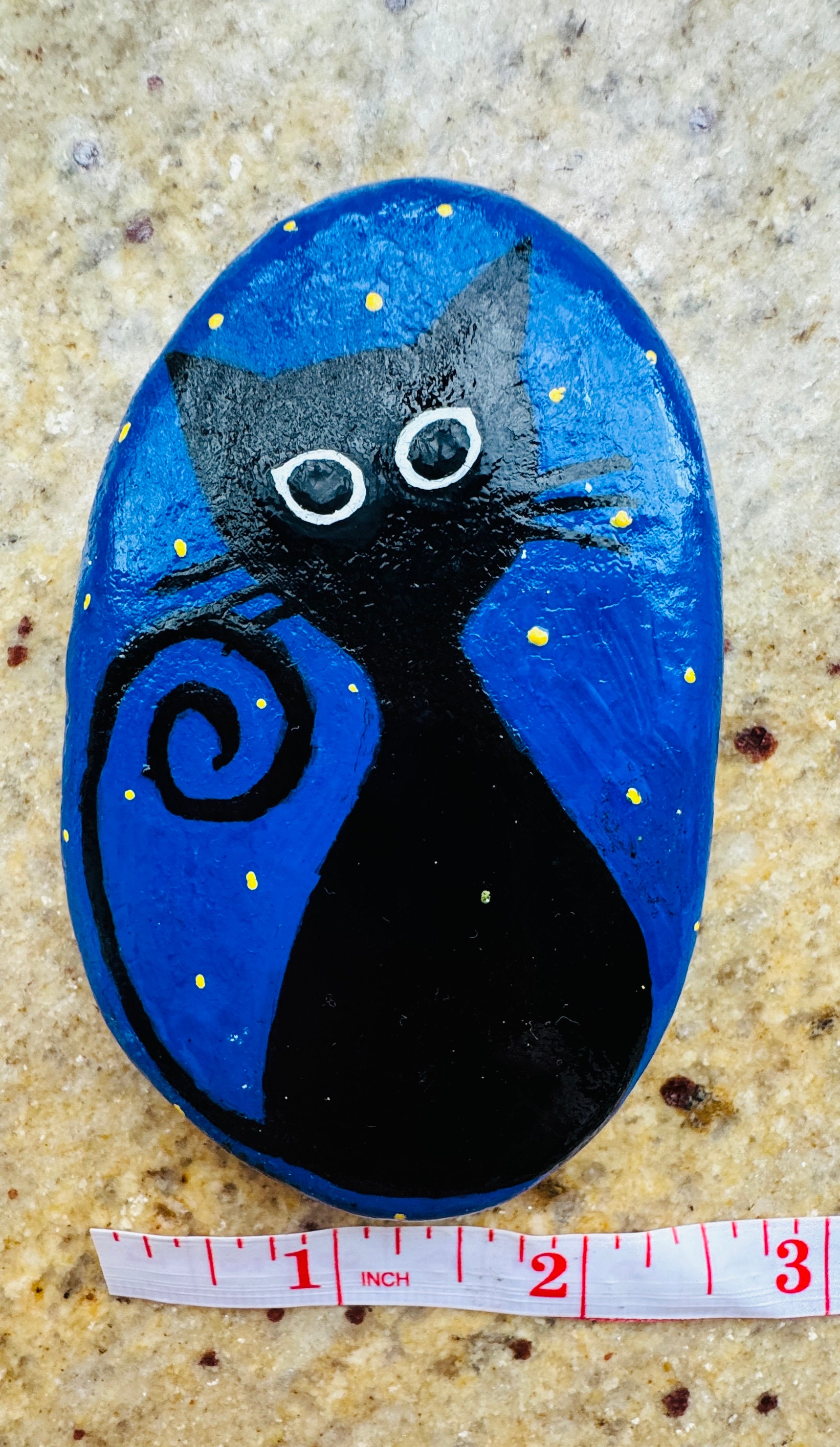 Night Kitty Hand Painted on Rock, Black Cat, in the Stars, Garden ...