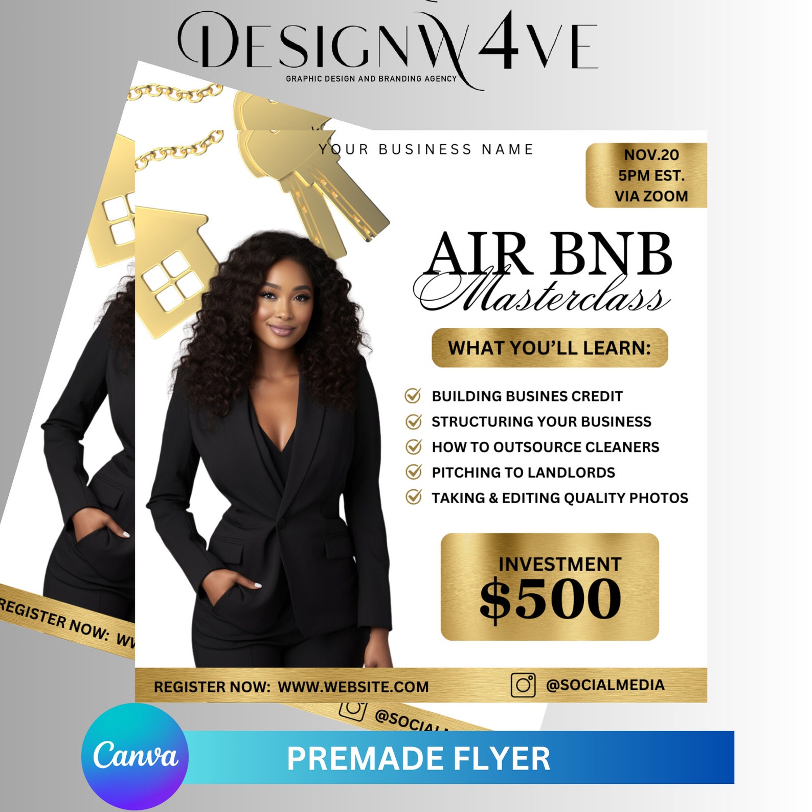 Airbnb Masterclass DIY Flyer, Gold White and Black Airbnb Course Flyer ...