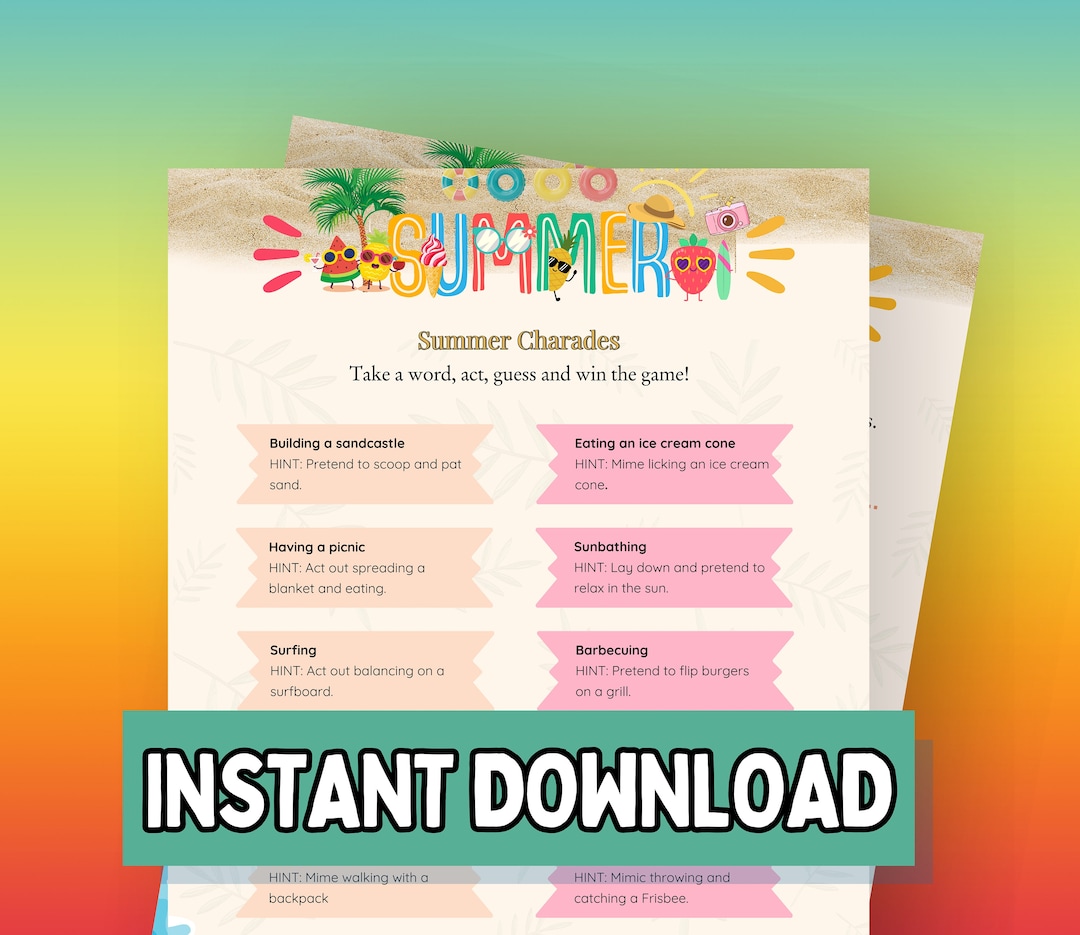 Summer Charades Game, Charades, Summer Game for All Ages, Family Game ...