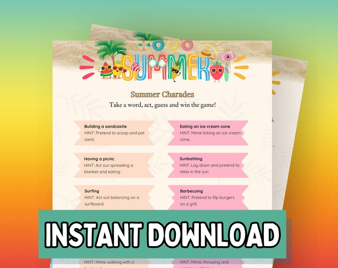 Summer Charades Printable Game, Family Game Night, Fun Game for Kids ...