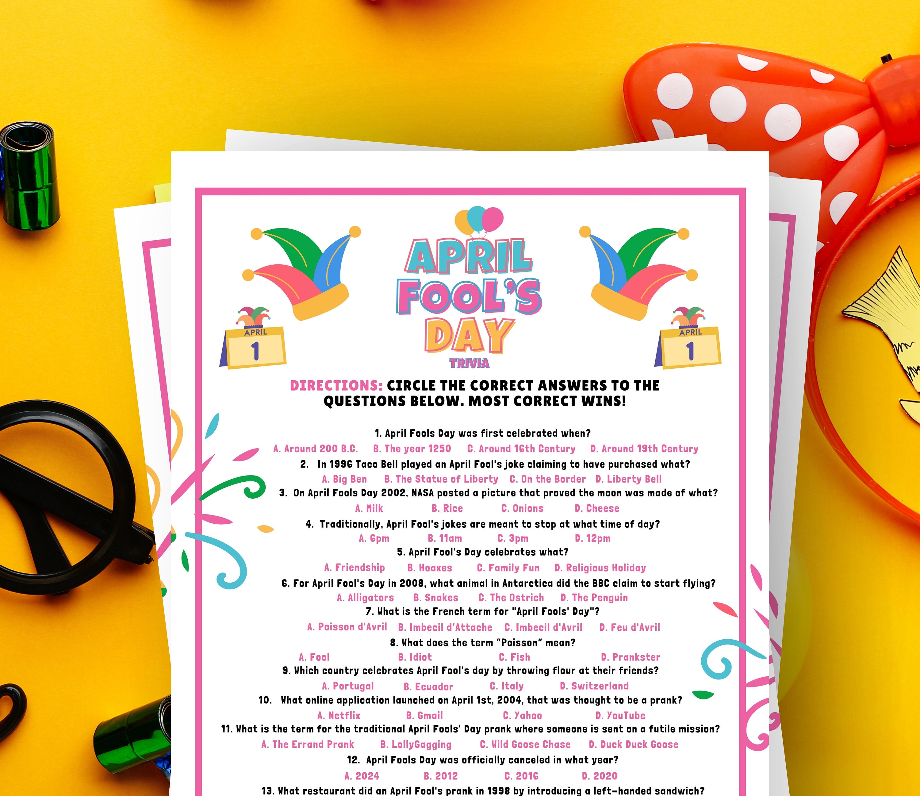 April Fools Trivia Game, April Fools Day Printable, April Game, Party ... April Fools Trivia Game, April Fools Day Printable, April Game, Party ...