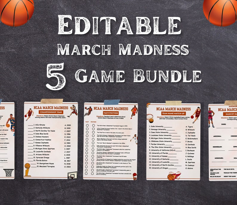 March Madness 5 Game Bundle, Basketball Printables, NCAA, March Madness ...