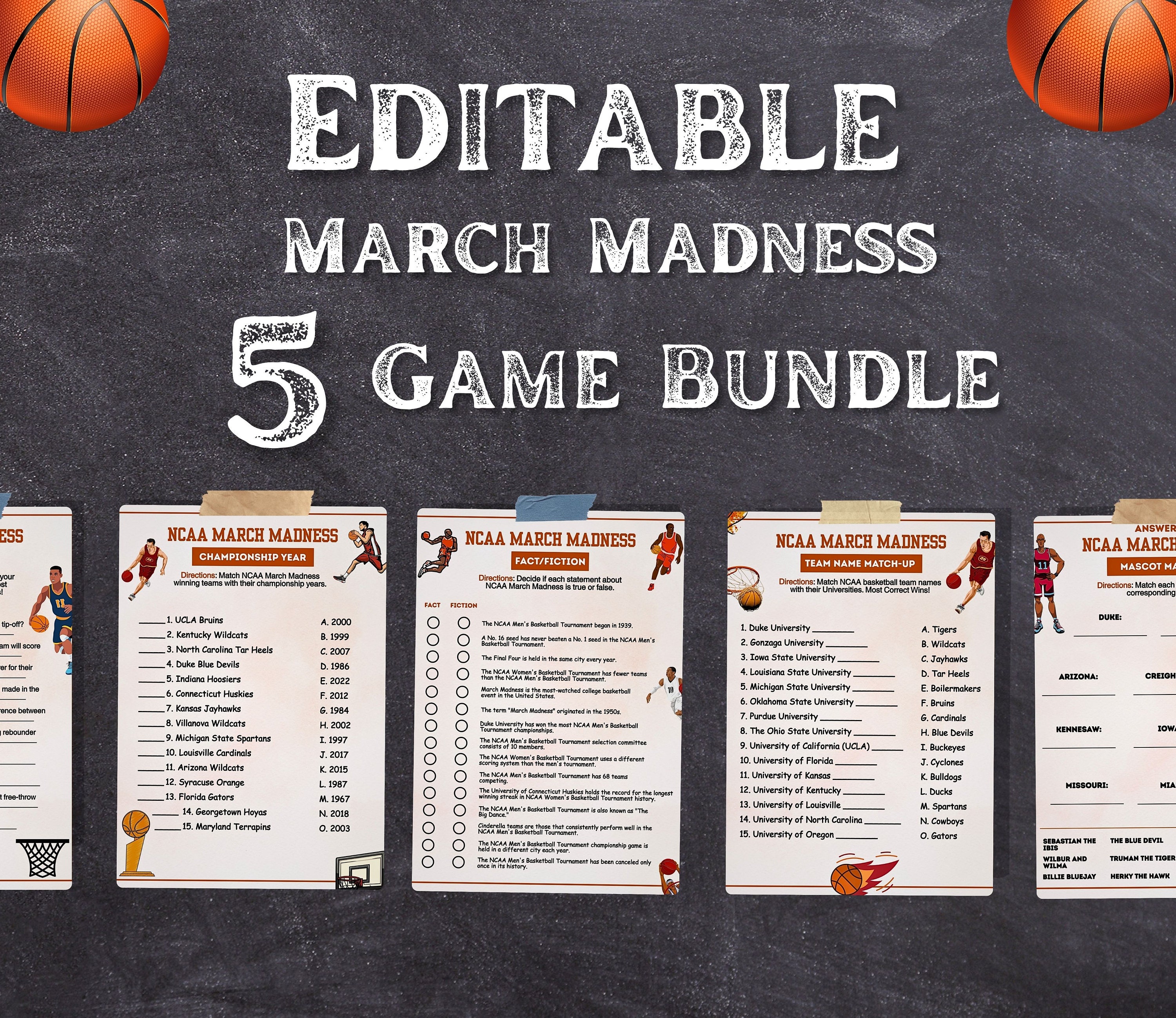 March Madness 5 Game Bundle, Basketball Printables, NCAA, March Madness ...
