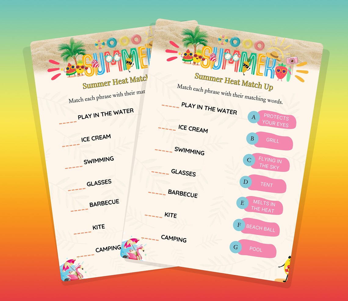 Summer Matching Game, Summer Match Up, Kids Matching Game, Summer ...