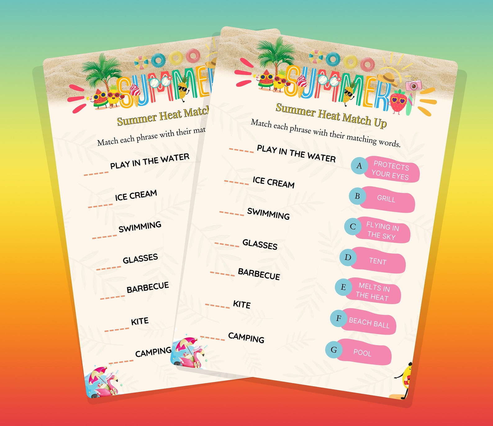 Summer Matching Game, Summer Match Up, Kids Matching Game, Summer ...