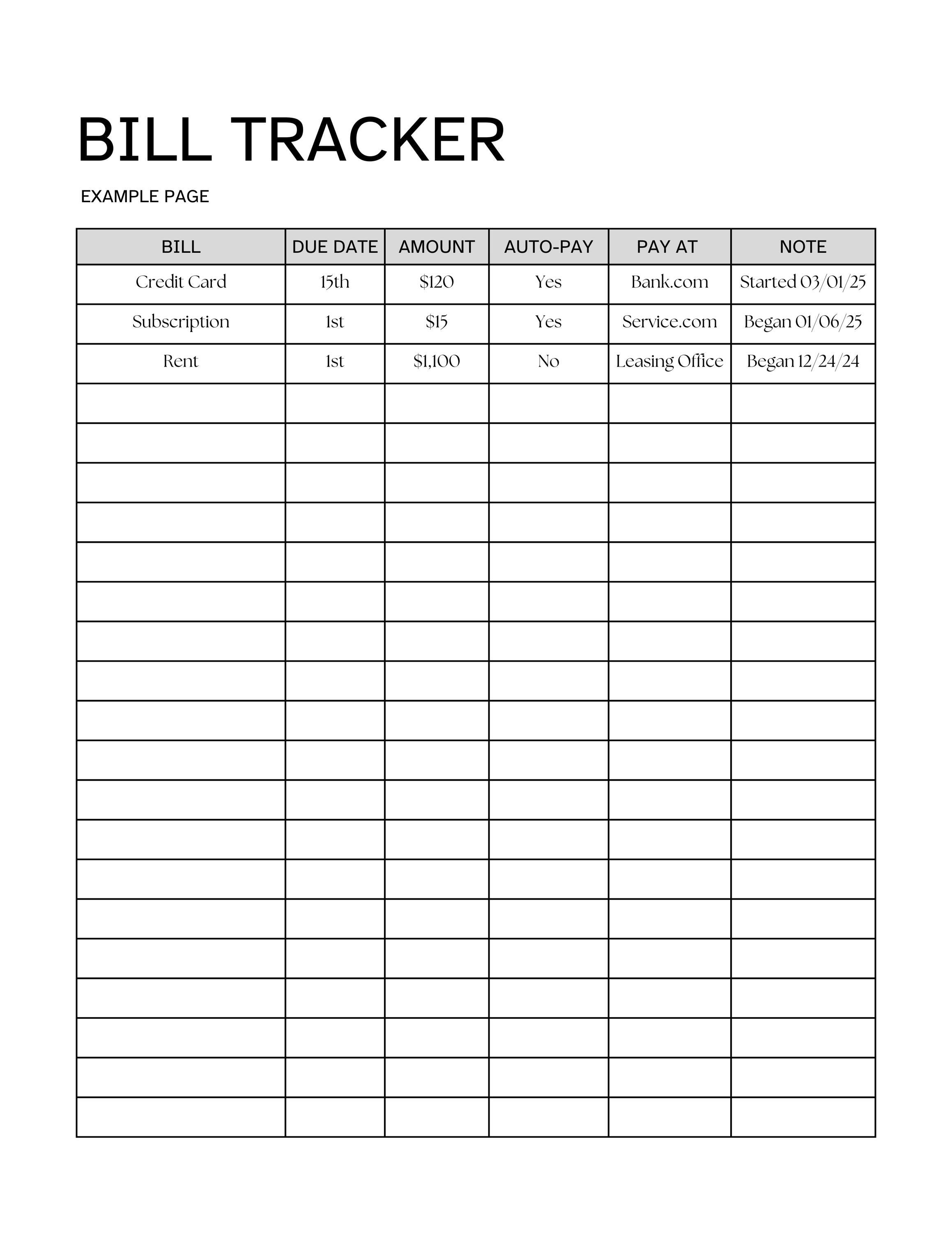 Simple Bill Tracker PDF, Complete Bill Tracker, Minimalist Bill ...