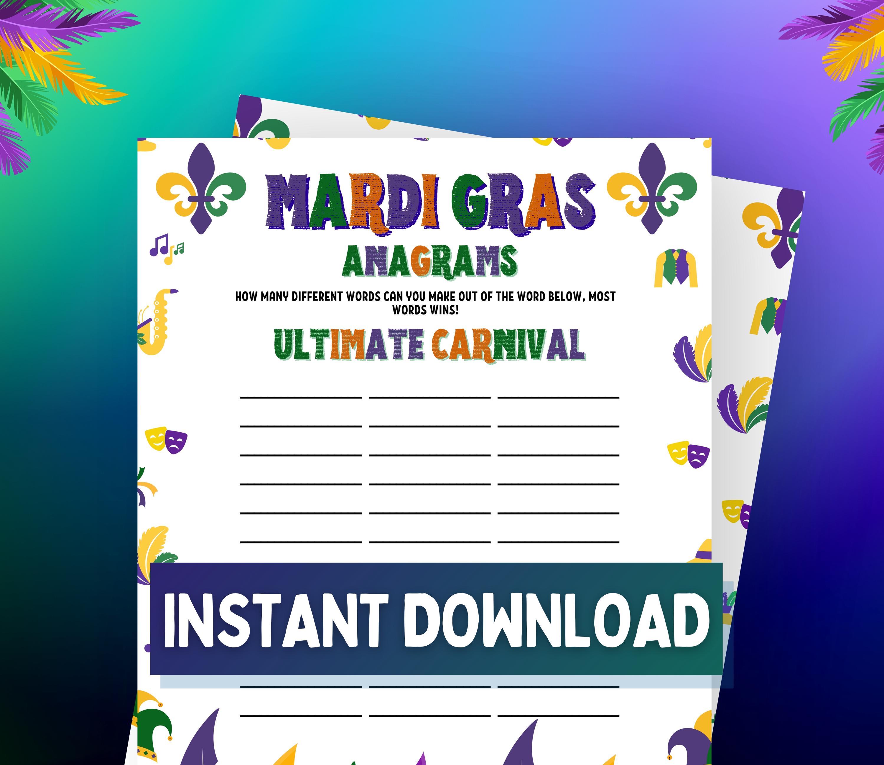 Mardi Gras Anagrams Game, Word Puzzle Game, Carnival Games, Fun Games ...