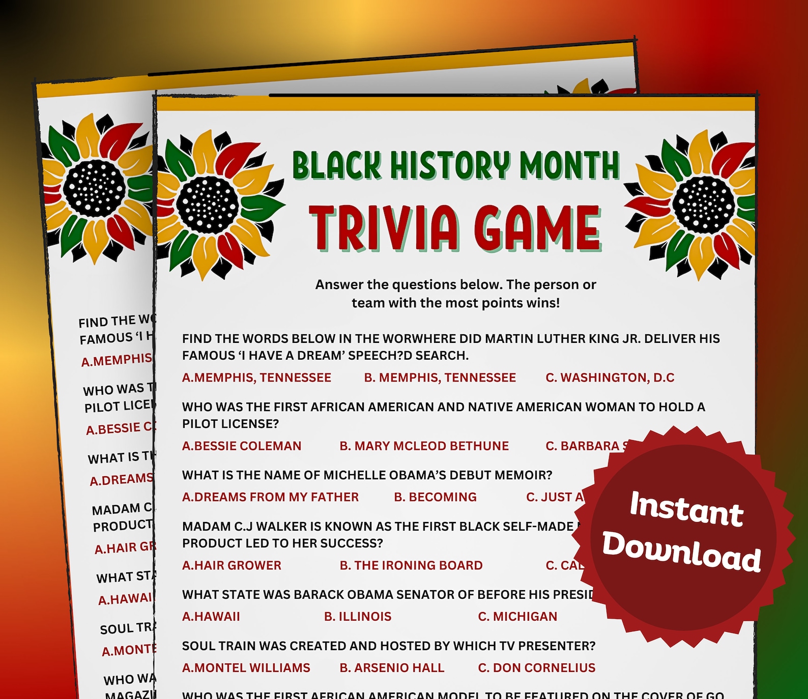 Black History Month Trivia Game, Trivia Game, Black History, Black History Games, Black History ...