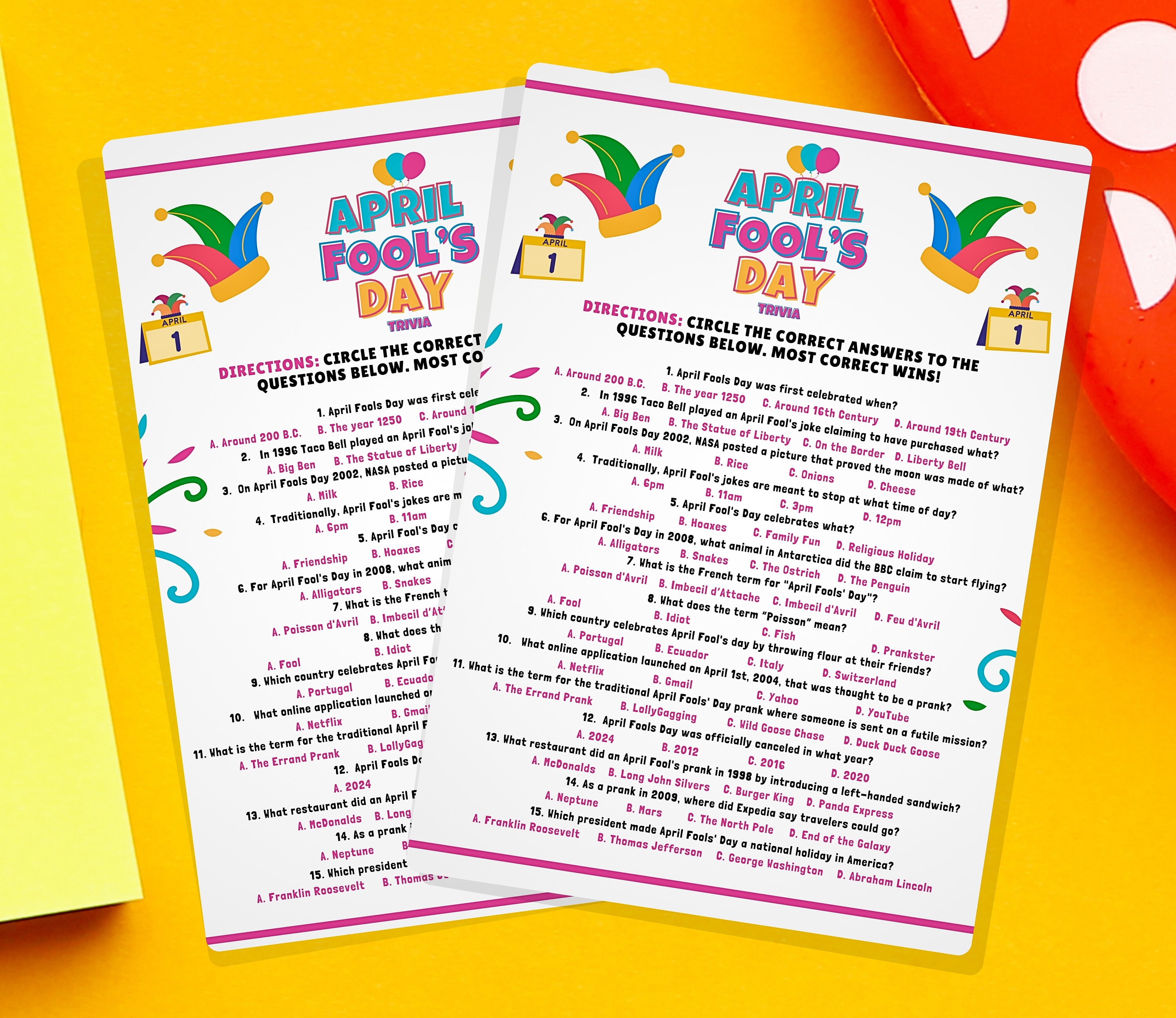 April Fools Trivia Game, April Fools Day Printable, April Game, Party ...