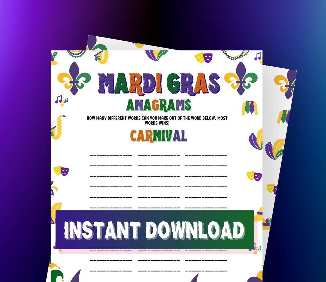 Mardi Gras Anagrams Game, Word Puzzle Game, Carnival Games, Fun Games ...