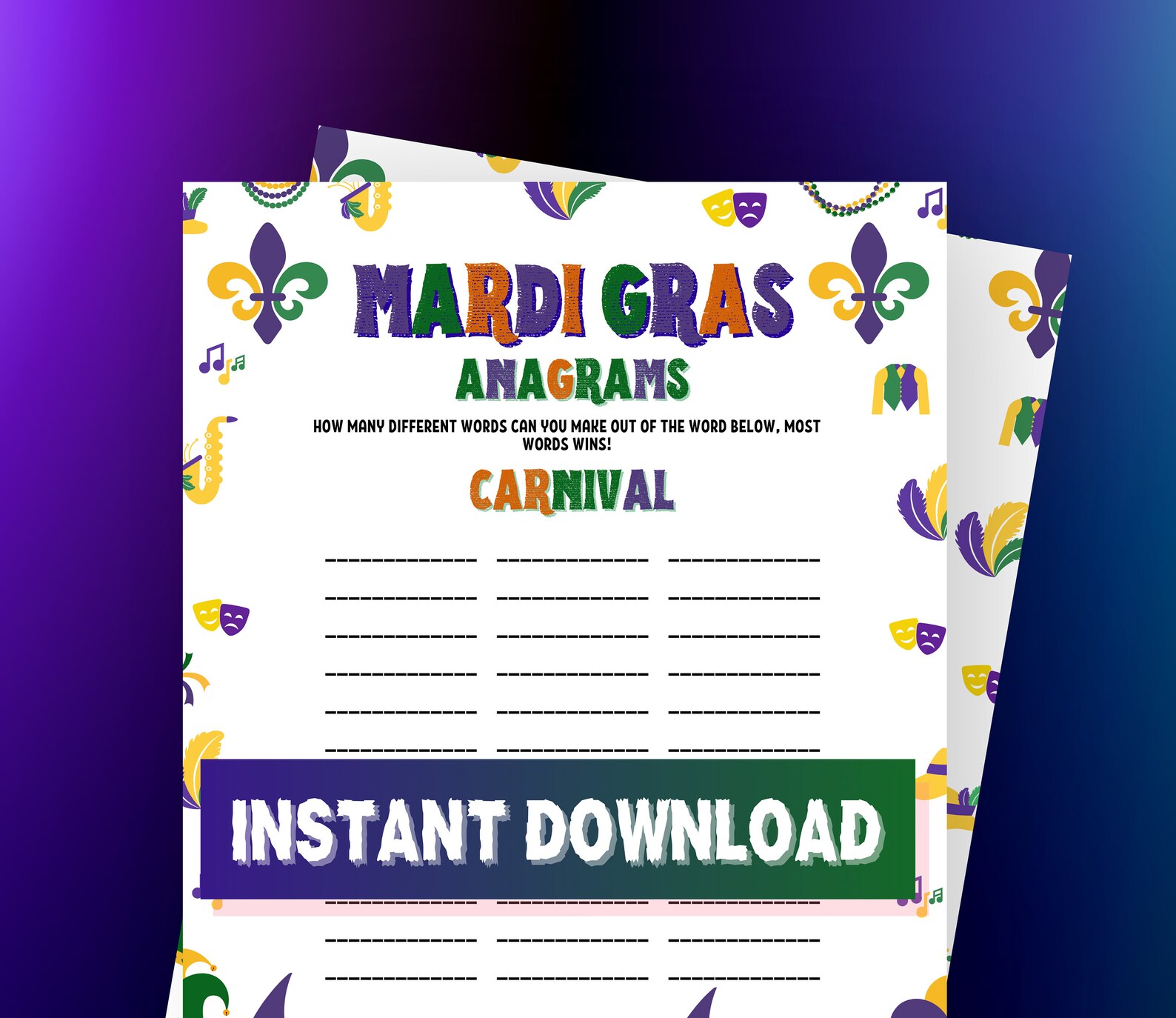 Mardi Gras Anagrams Game, Word Puzzle Game, Carnival Games, Fun Games ...