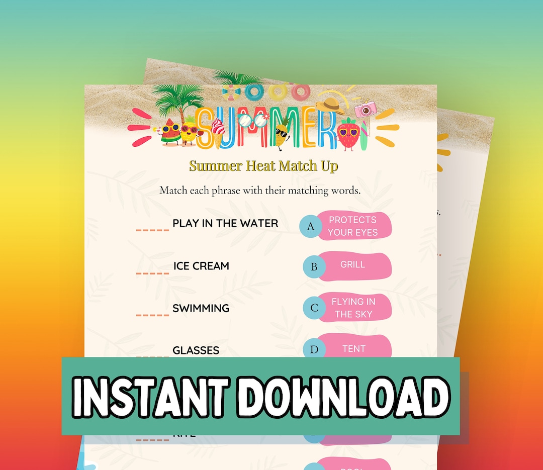 Summer Matching Game, Summer Match Up, Kids Matching Game, Summer ...