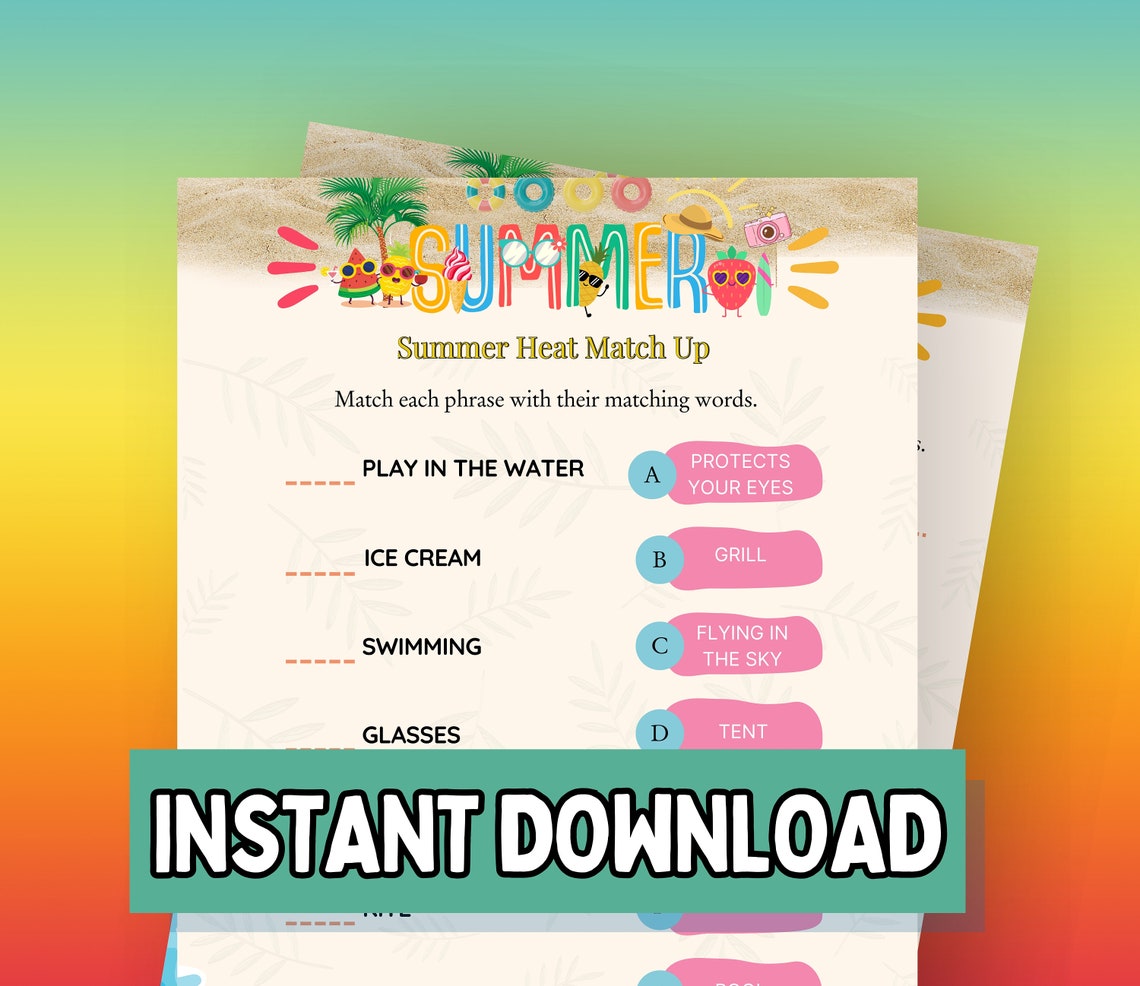 Summer Matching Game, Summer Match Up, Kids Matching Game, Summer ...