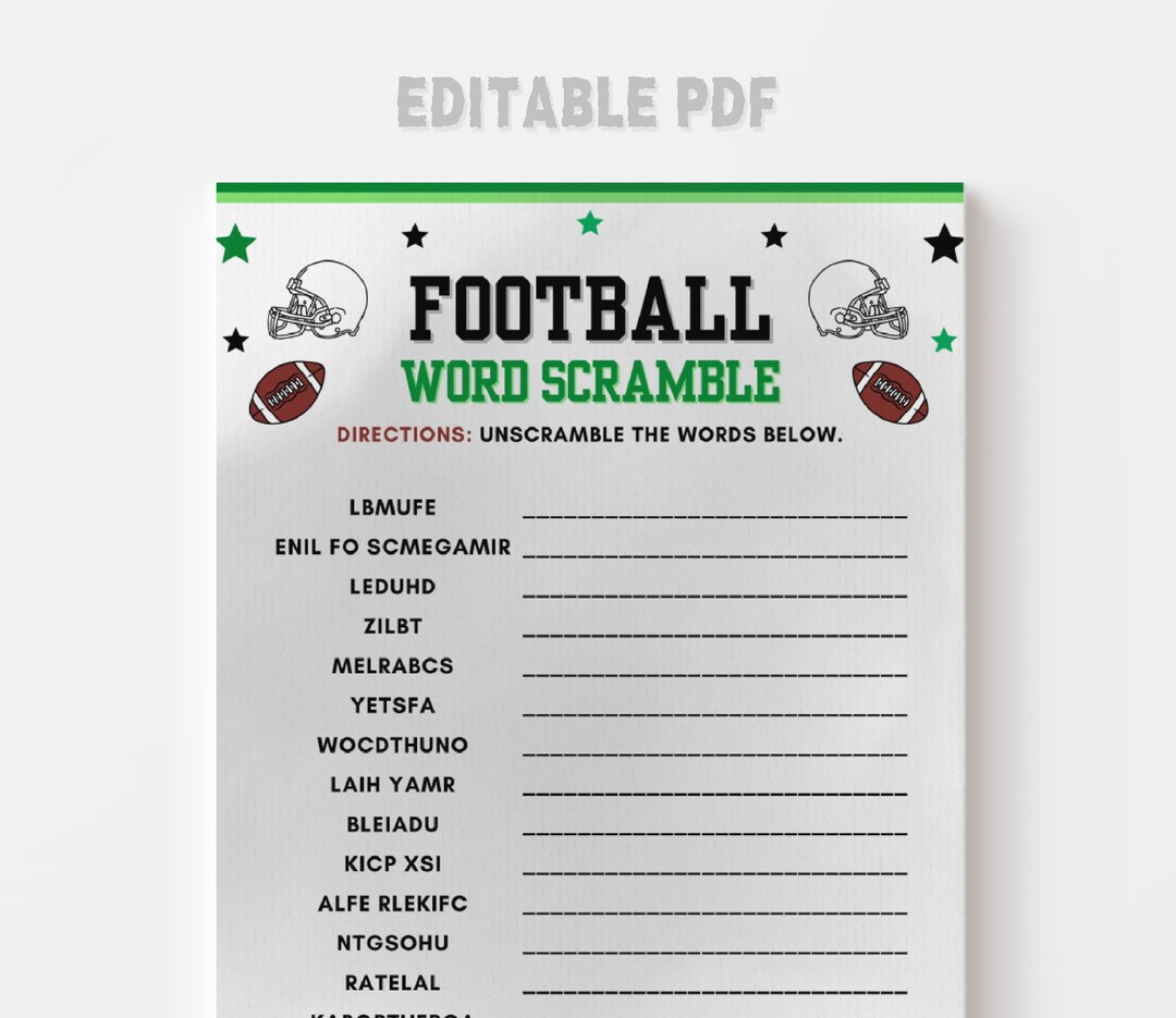 Editable Football Word Scramble, Superbowl Games, Football Party, Game ...