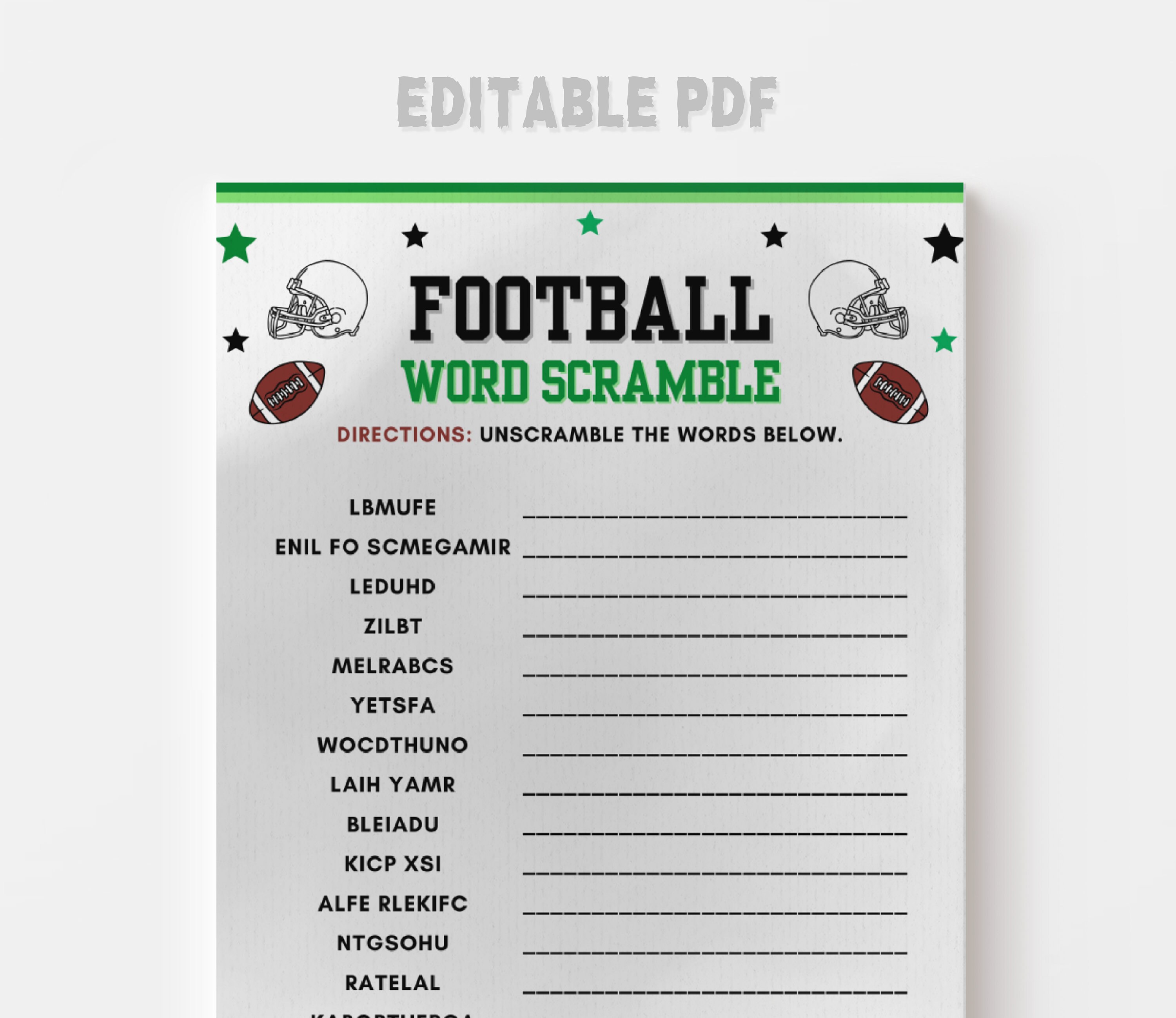 Editable Football Word Scramble, Superbowl Games, Football Party, Game ...