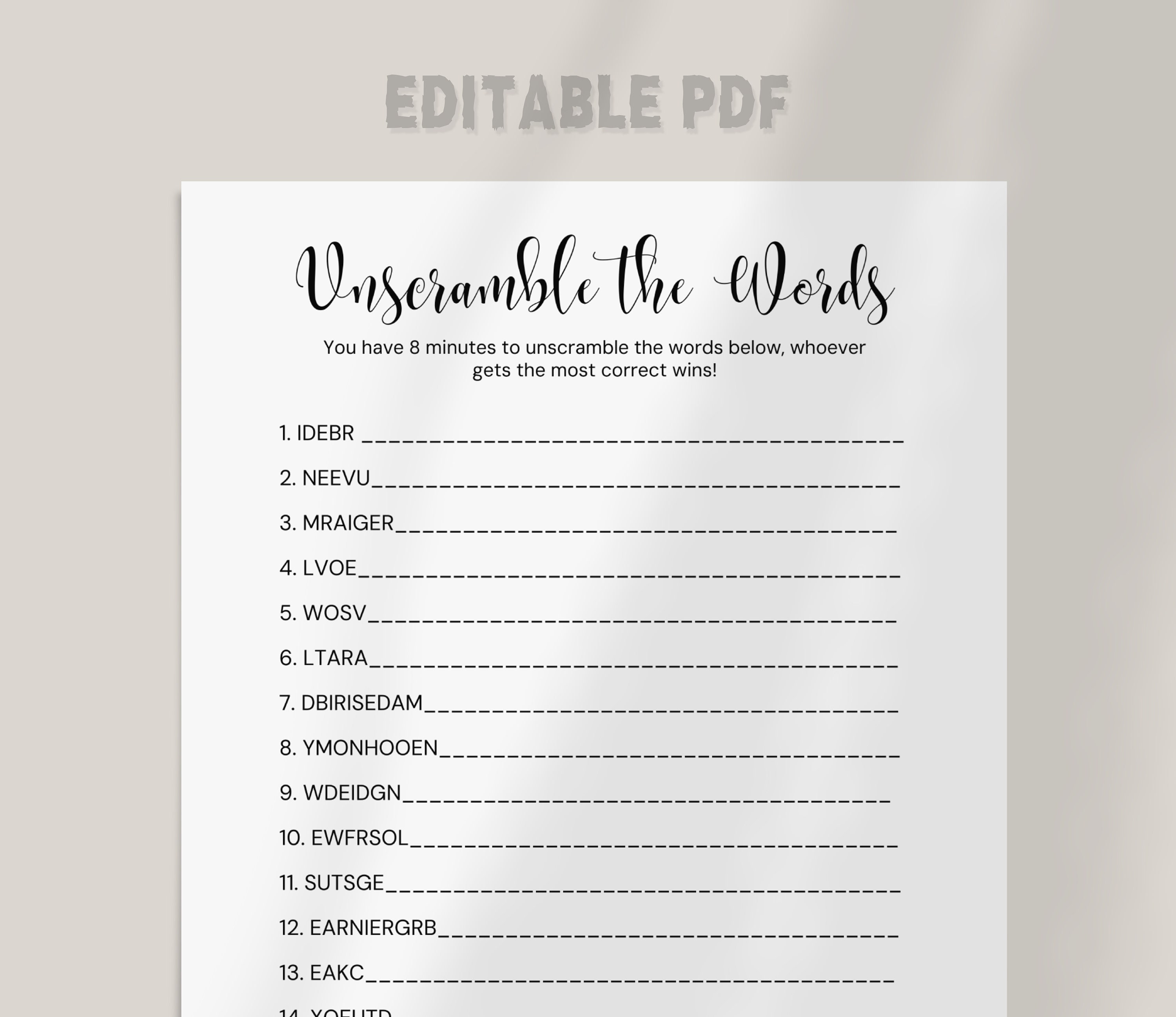 Wedding Word Scramble Game, Bridal Shower Game, Wedding Activities ...