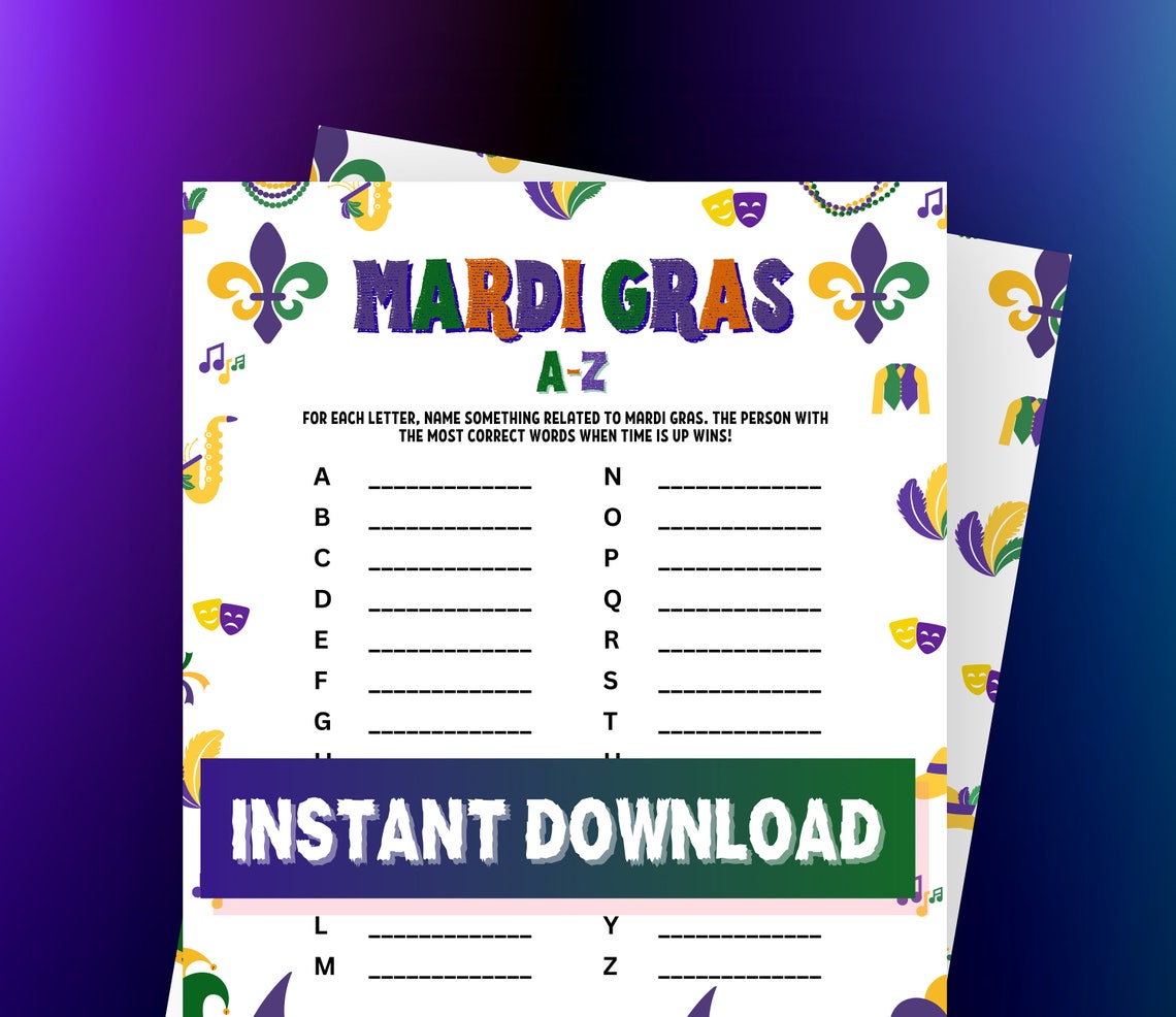 Mardi Gras A to Z Game, Word Games, Mardi Gras Activity, Fun Game for ...