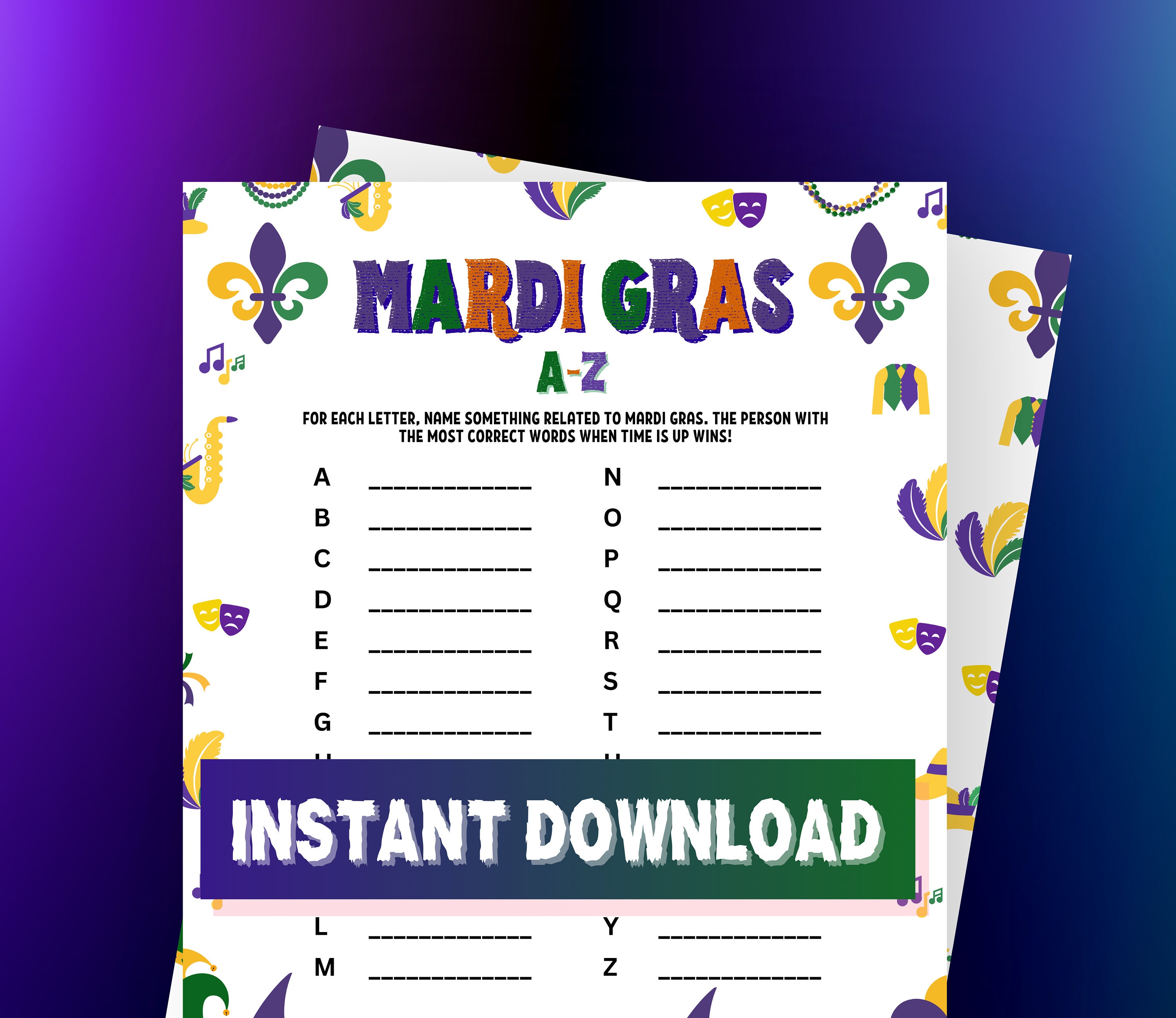 Mardi Gras A to Z Game, Word Games, Mardi Gras Activity, Fun Game for ...