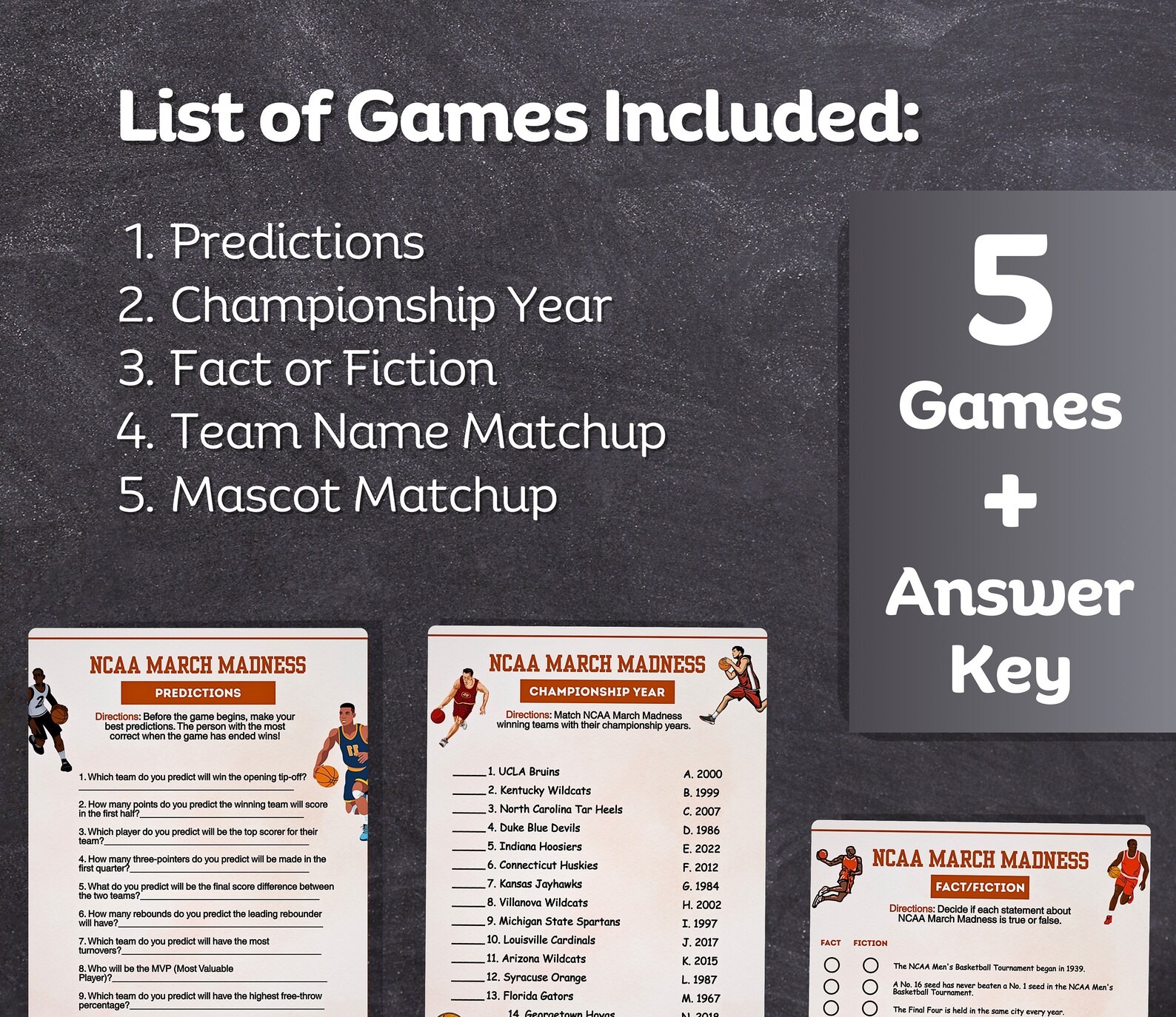 March Madness 5 Game Bundle, Basketball Printables, NCAA, March Madness ...