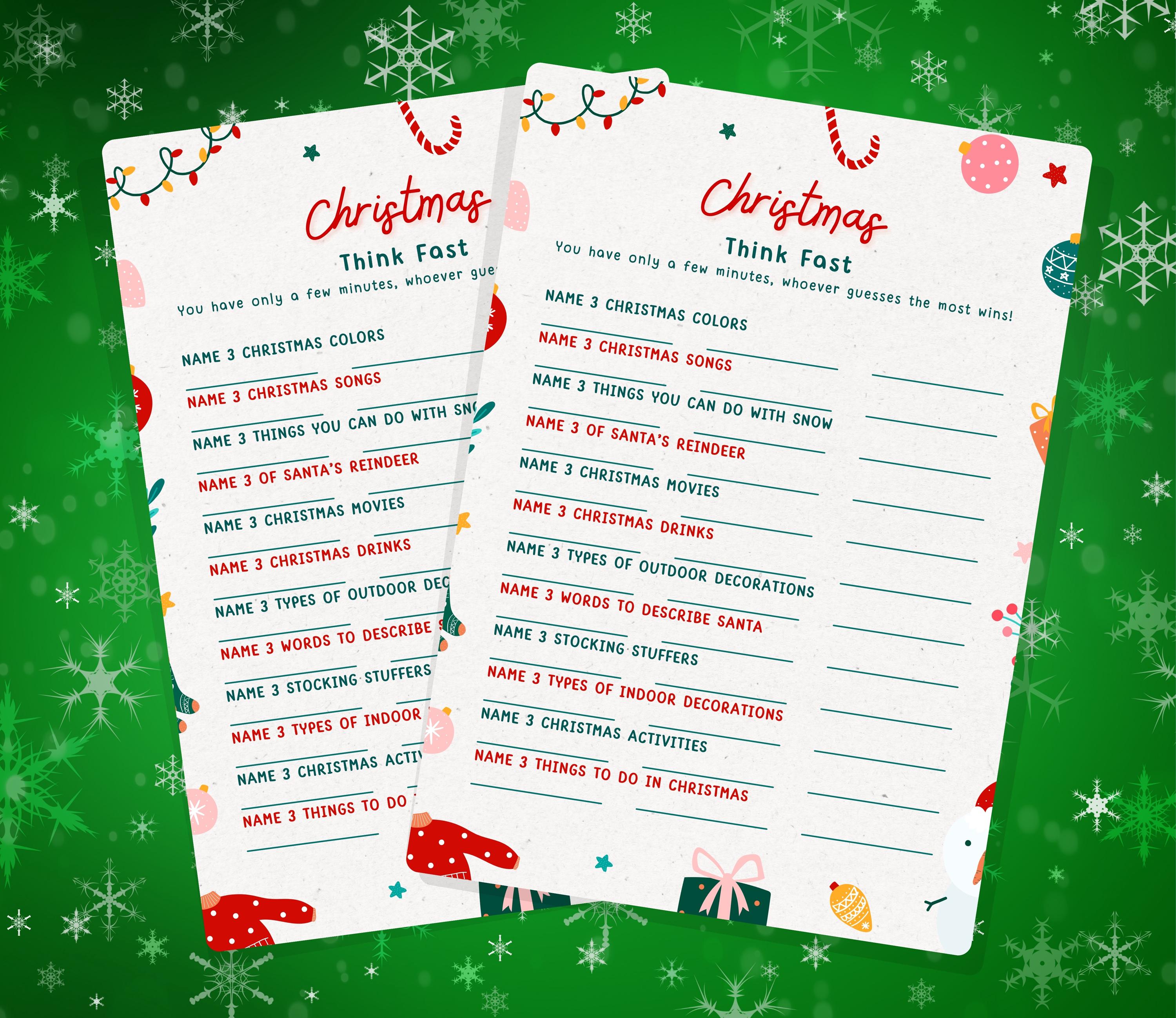 Christmas Think Fast Game, Think Fast Game, Fun Christmas Game, Think ...