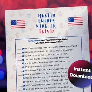 MLK Jr Printable Trivia Matching Game, Martin Luther King, MLK Day, Mlk ...