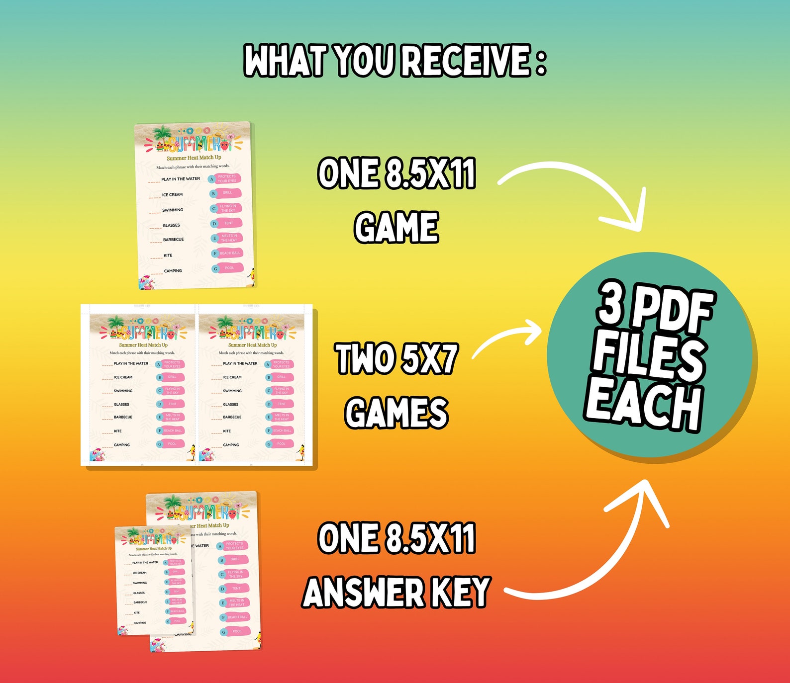 Summer Matching Game, Summer Match Up, Kids Matching Game, Summer ...