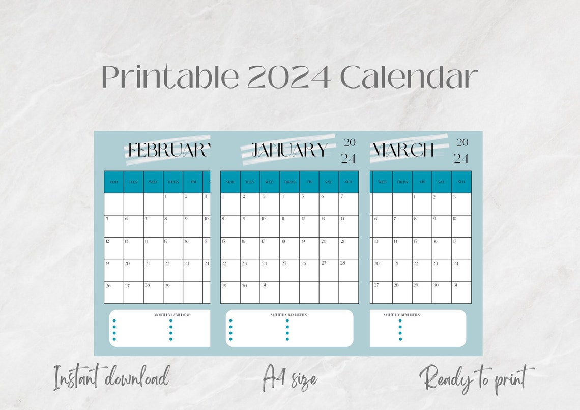 Monthly Printable Calendar 2024, A4 Calendar, Pdf, Calendar Template ...