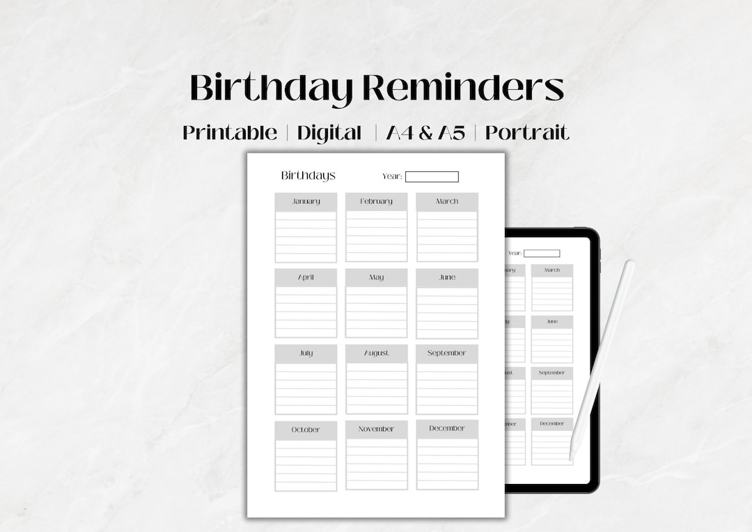 Birthday Reminder Printable, Birthday Tracker Template, Birthday ...