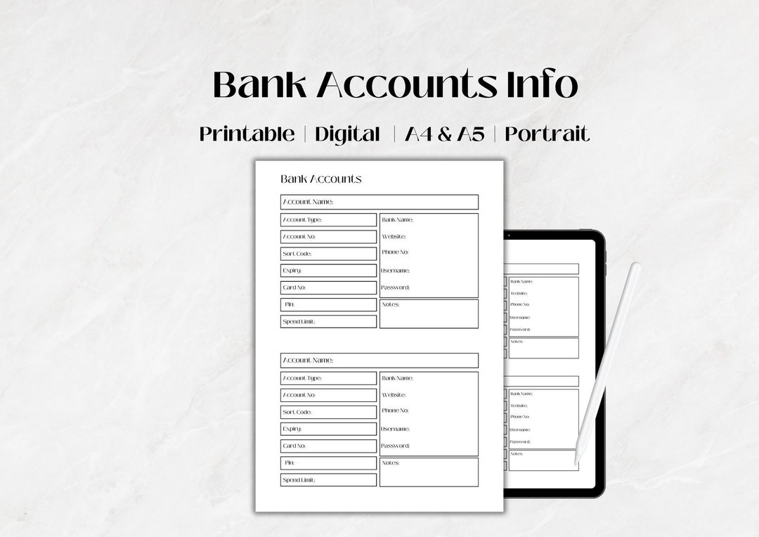 Bank Accounts Log, Finance Tracker, Bank Account Information Tracker ...